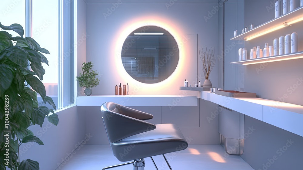 Foto de Simple hair salon setup, with an empty chair, sleek white ...