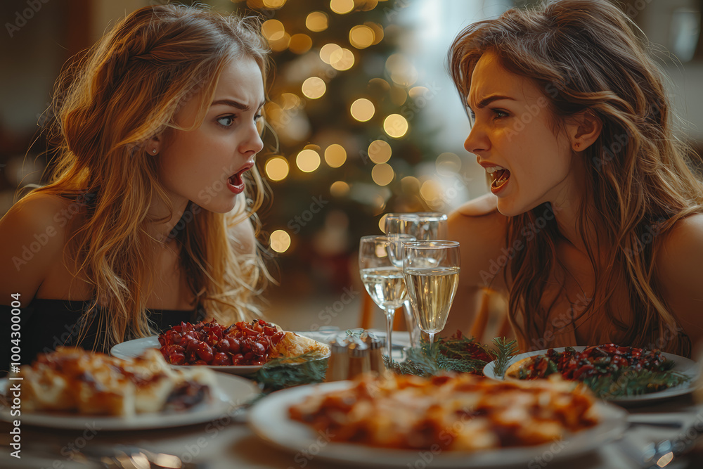 Two family members yelling at each other during a holiday dinner ...