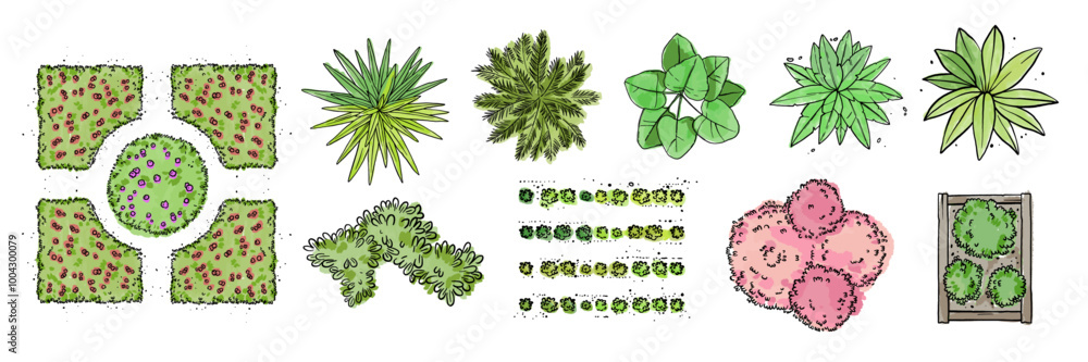 Watercolor bush icon set top view, hand drawn flower bed vector green ...