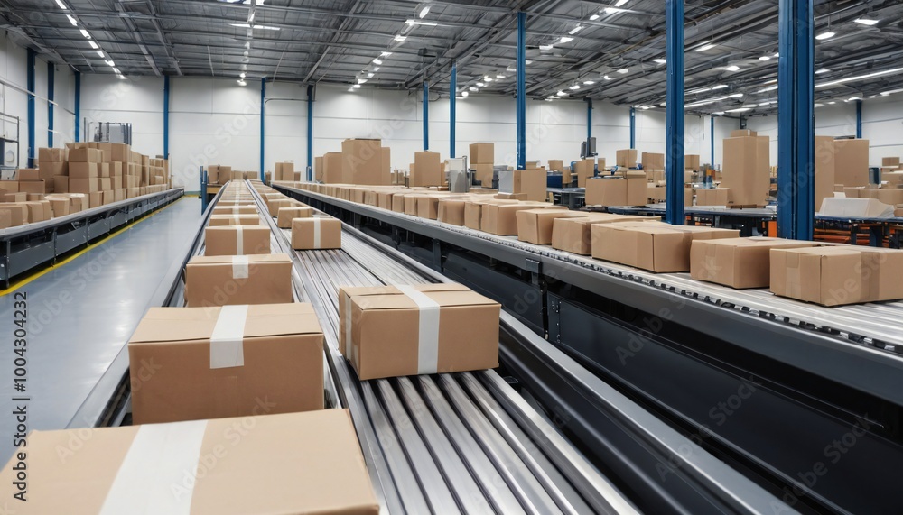Conveyor belt in a distribution warehouse with a row of cardboard boxes ...