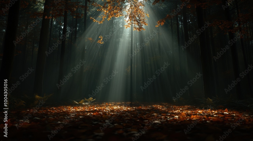 In a deep forest, early morning sun rays pierce through the dense ...