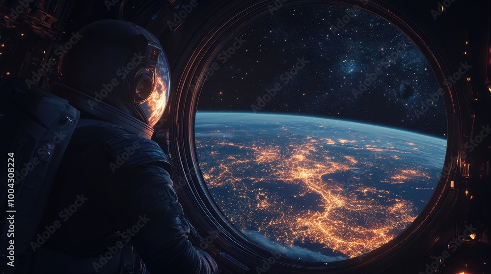 An astronaut looks at the Earth from inside a space station, with a ...