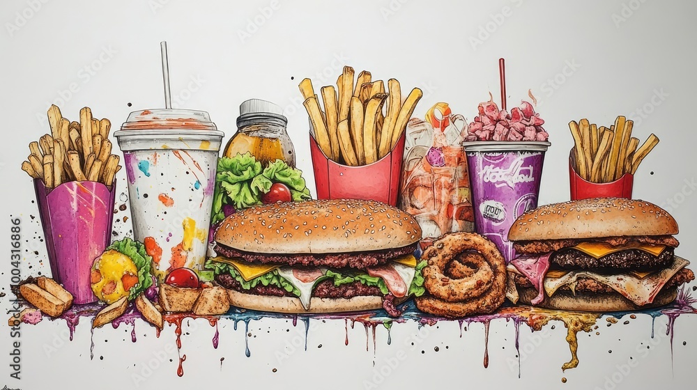Fast Food Doodle Art Pattern Design with Simple Shapes and Colors Stock ...