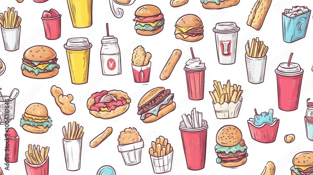 Fast Food Doodle Art Pattern Design with Simple Shapes and Colors Stock ...