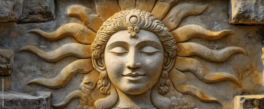 Ancient stone carving of sun god with intricate rays symbolizing Chhath ...