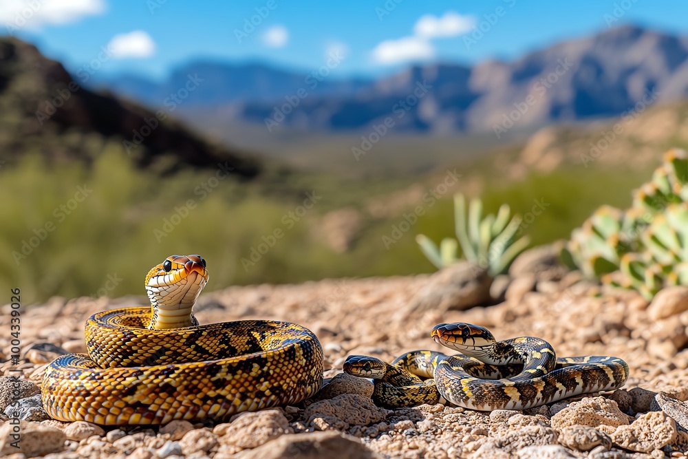 A desert habitat with cactus, snakes, and lizards, where hardy plants ...