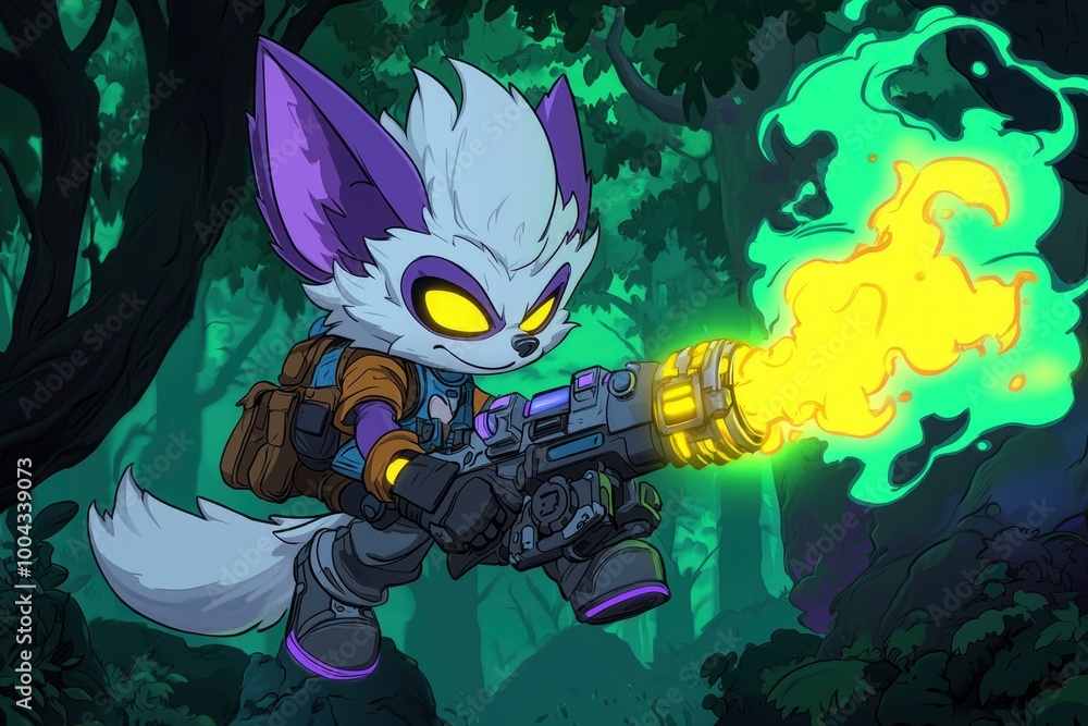 Cute Anthropomorphic Fox Character Firing a Flamethrower in a Forest ...