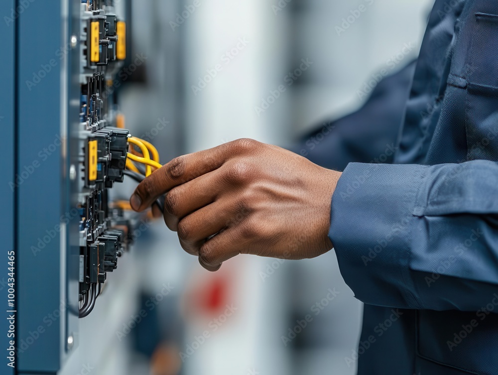 Hands-on engineer assembling and testing electrical panels in a power ...