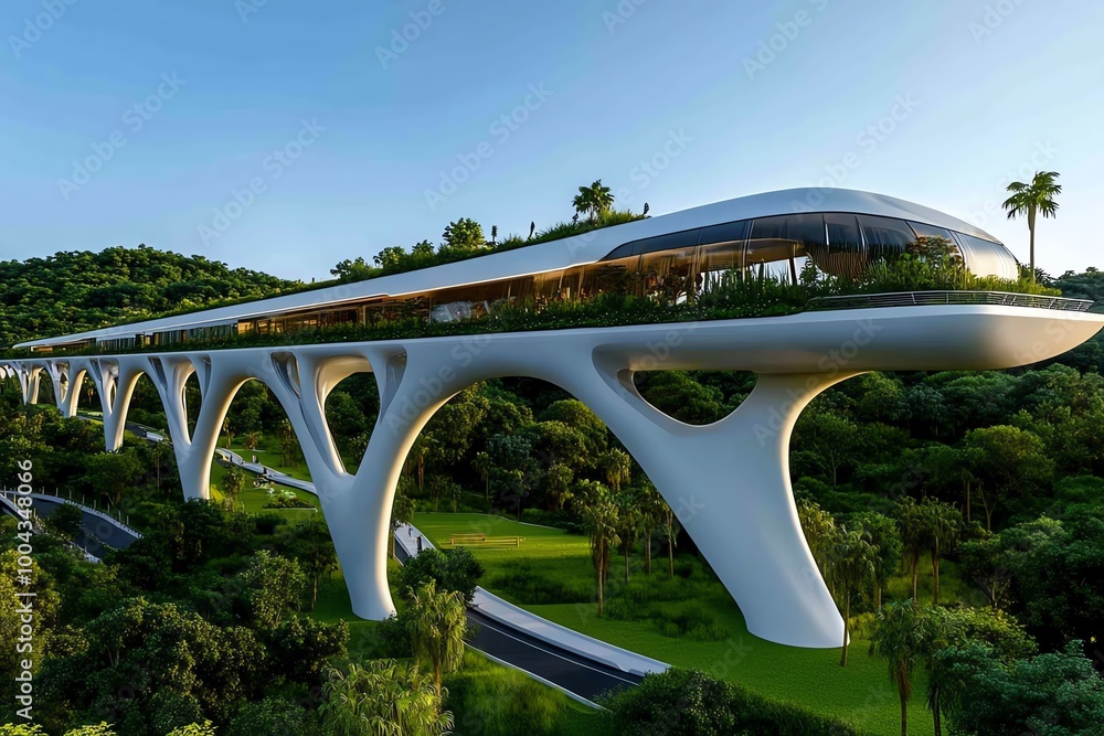 A futuristic nature park with habitats for wildlife, where advanced ...