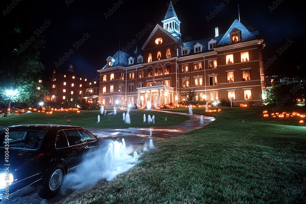 A haunted school building with eerie Halloween decorations, where ...