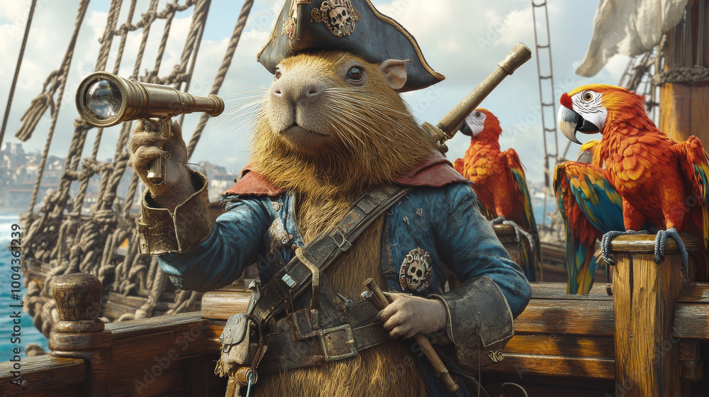 brave capybara pirate captain stands confidently on deck of pirate ship ...