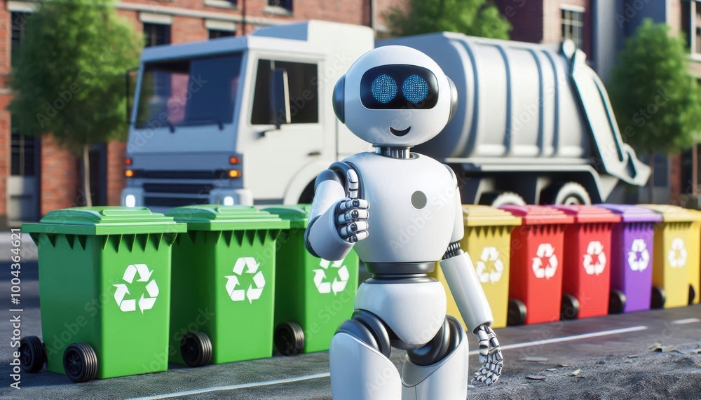 A robot gives a thumbs up next to colorful recycling bins and a garbage ...
