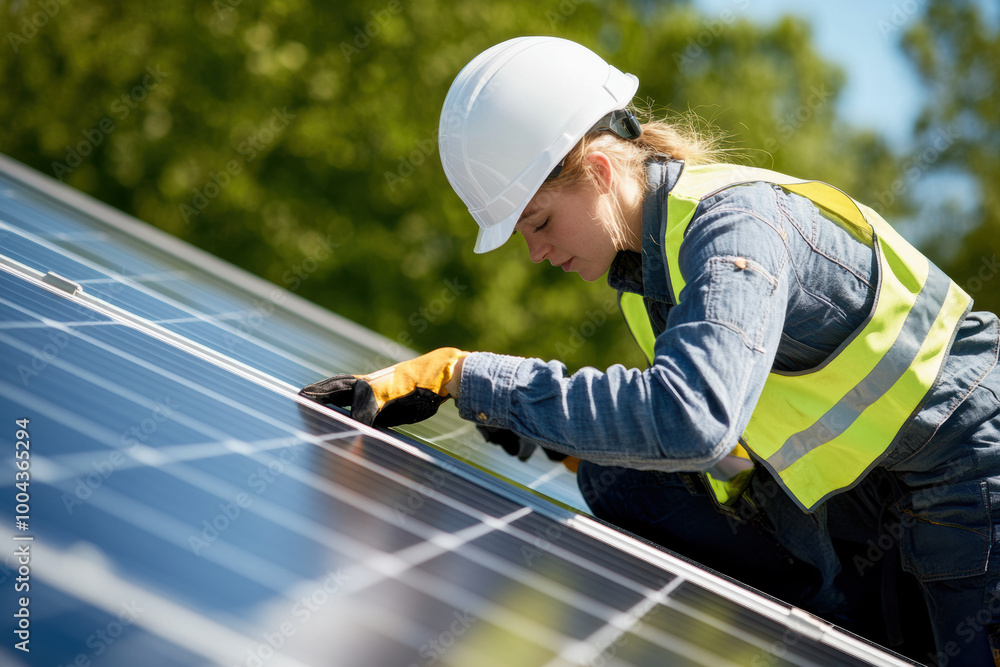 Female Solar Technician Working on Rooftop Solar Panels, A female solar ...