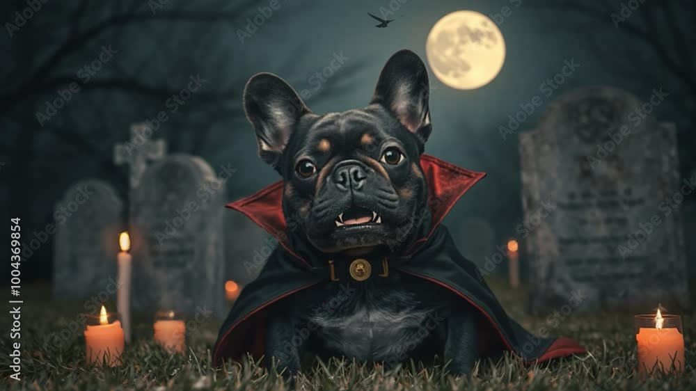 Animated image for Halloween. A young black French bulldog is dressed ...