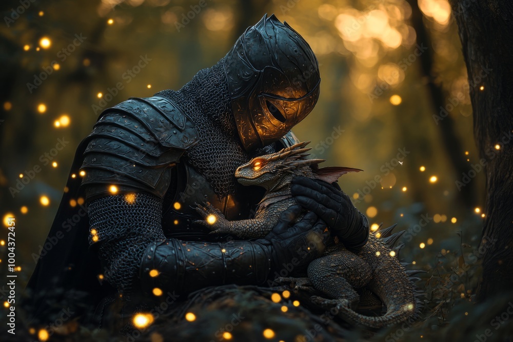 A brave knight holds a small dragon in a magical forest. They share a ...