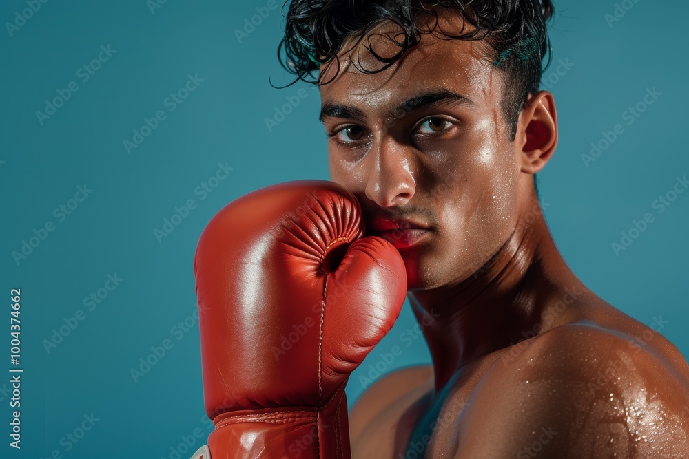 Man training in boxing against a blue studio backdrop, displaying ...