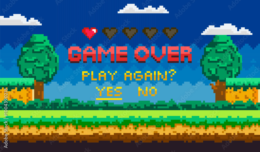 Classic pixel art style with a game over message and an option to play ...