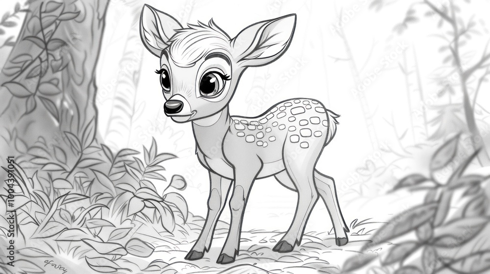 Cute fawn in forest wildlife nature outline contour drawing ...
