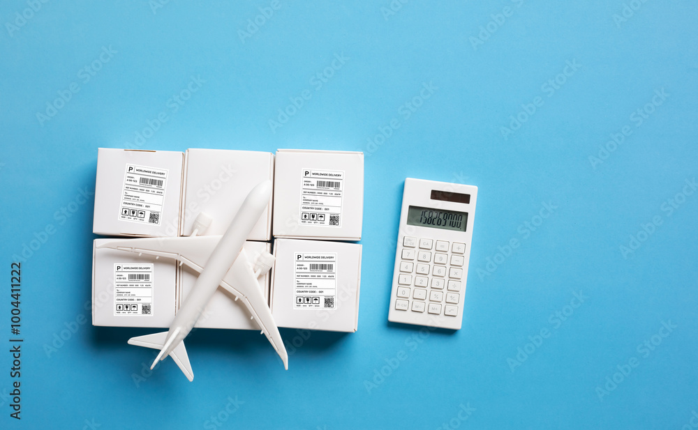 White airplane model placed with white cargo boxes on a bright blue ...