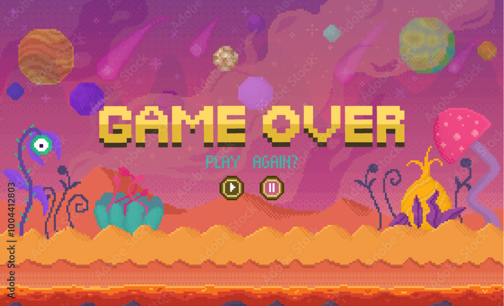 Game Over text in pixel art style with alien landscape and outer space ...