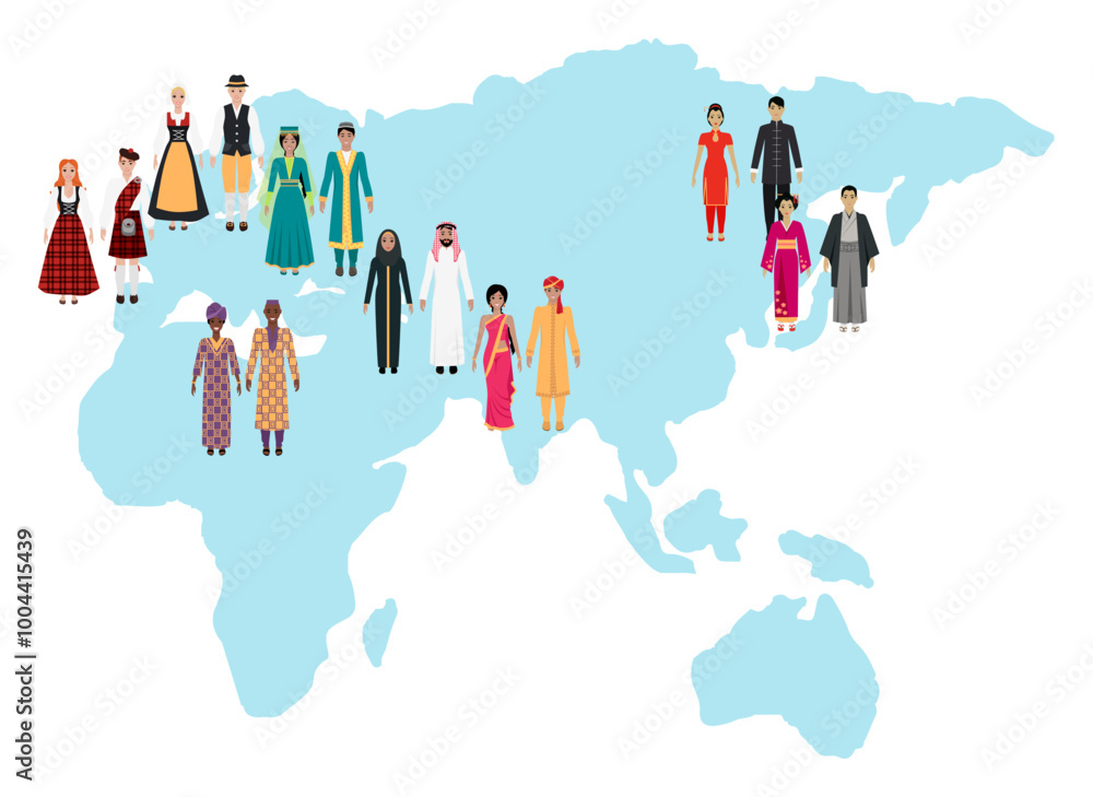 World map showing individuals in traditional clothing from different ...