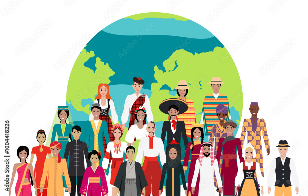 Diverse individuals in traditional attire from around the world against ...