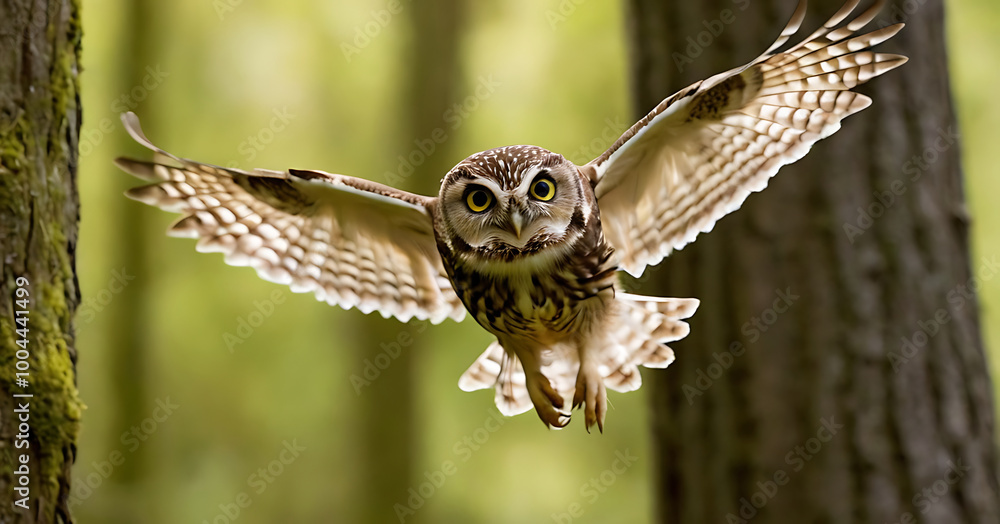 A Northern Pygmy-Owl in mid-flight, with its wings spread wide and ...