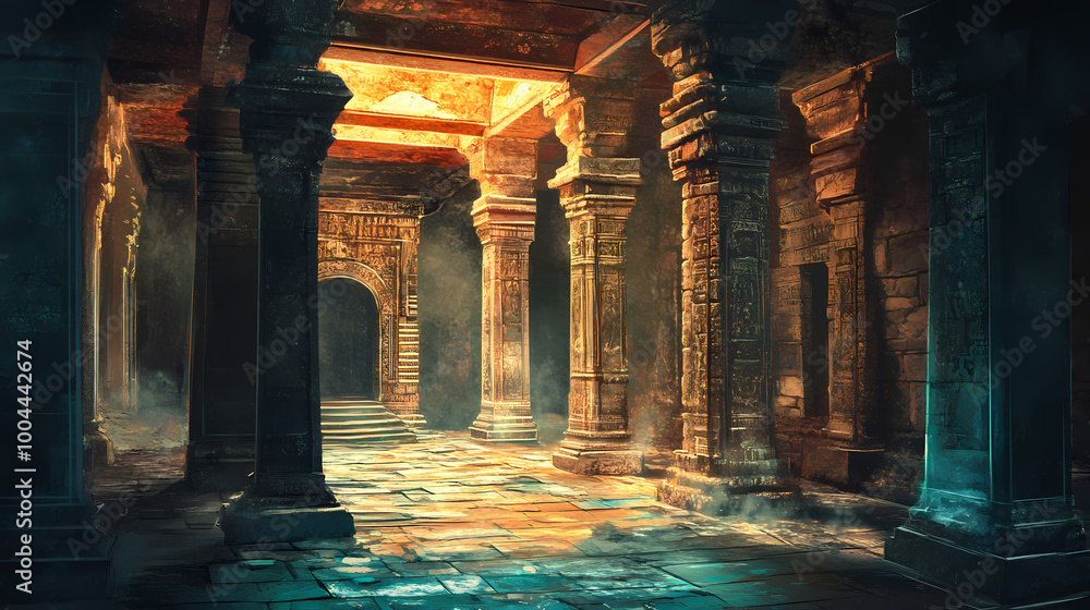 Secret underground chamber in a roman temple hiding treasures. Hindu ...