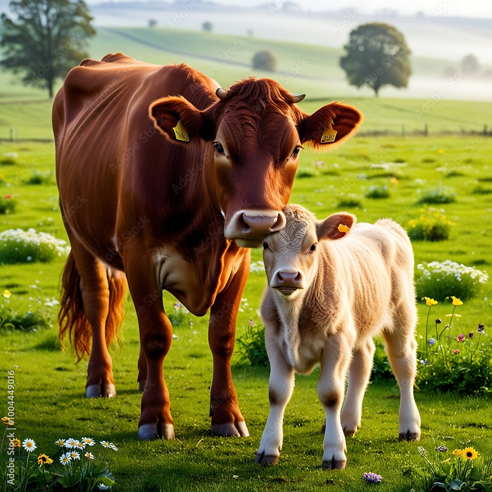 Cow and Calf in a Pastoral Field captures the serene beauty of farm ...