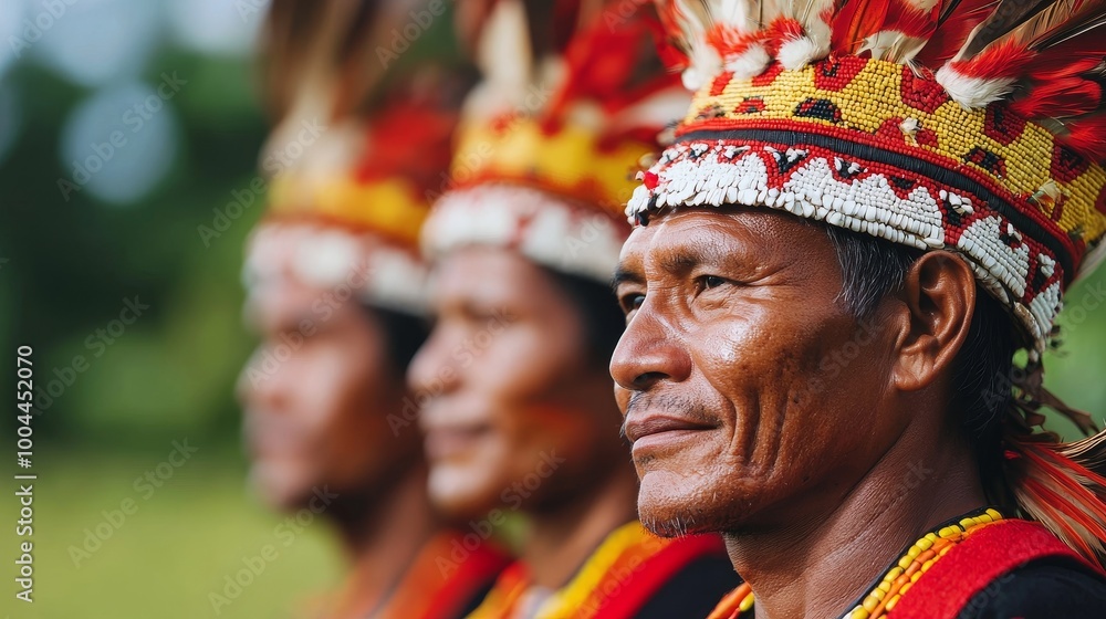 Indigenous men wearing traditional headdresses, vibrant colors, focused ...