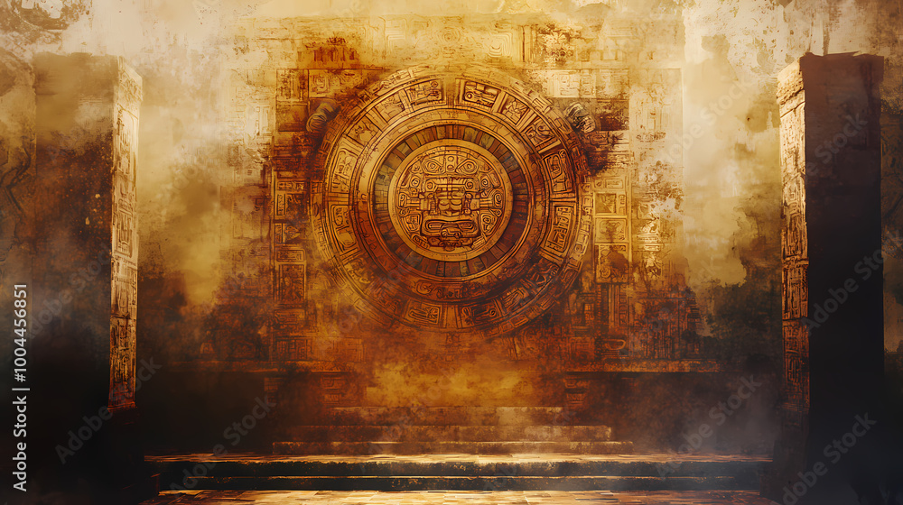 The background shows a beautiful, aged wall with a mesoamerican ...