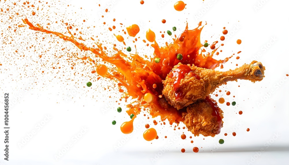 A crispy fried chicken leg drenched in hot sauce, splash effect, sauce ...
