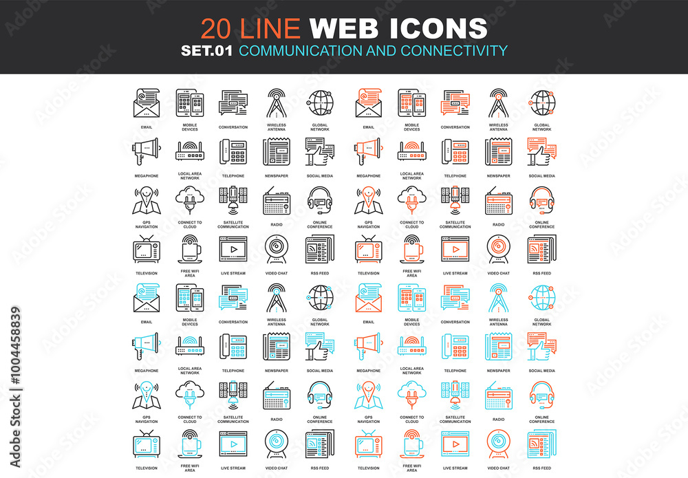 Vector set of communication and connectivity line web icons. Each icon ...