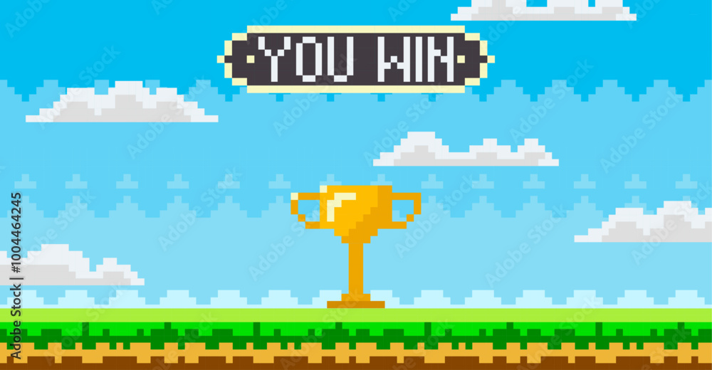 Golden trophy in the center with YOU WIN text above. Pixelated blue sky ...