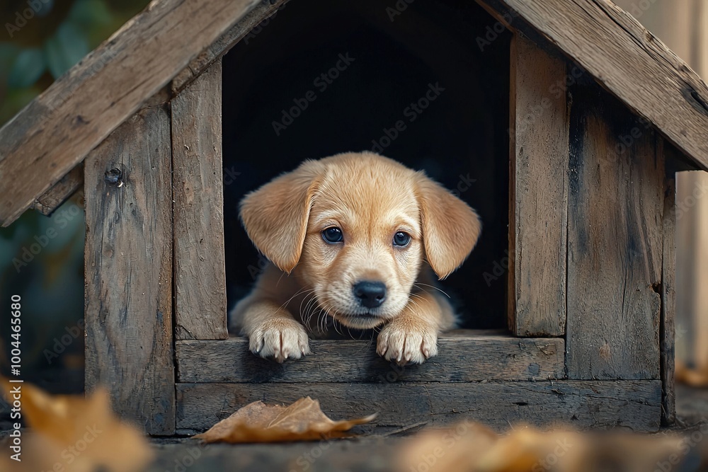 Small cute puppy inside dog house in a backyard. Ai Generative Stock ...
