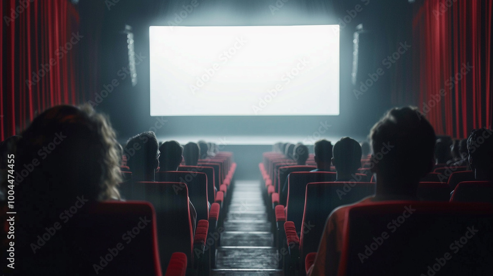 Cinema experience blank wide screen with red chairs and blurred ...