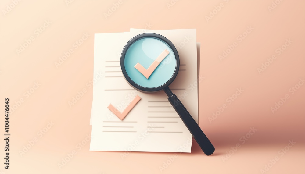 Checkmark Files Assessment Icon: Magnifying Glass & Paper Sheets ...