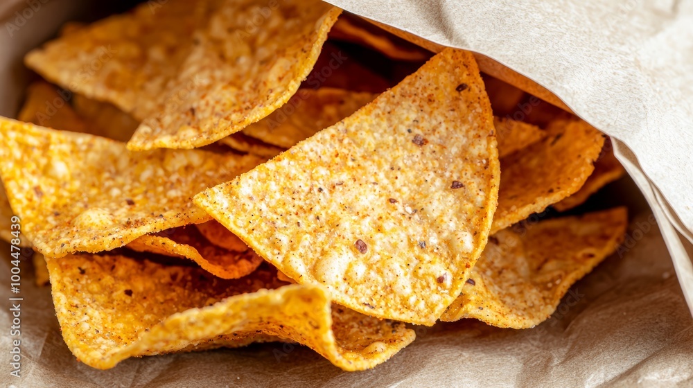 Macro shot of spicy tortilla chips stacked together in an open snack ...