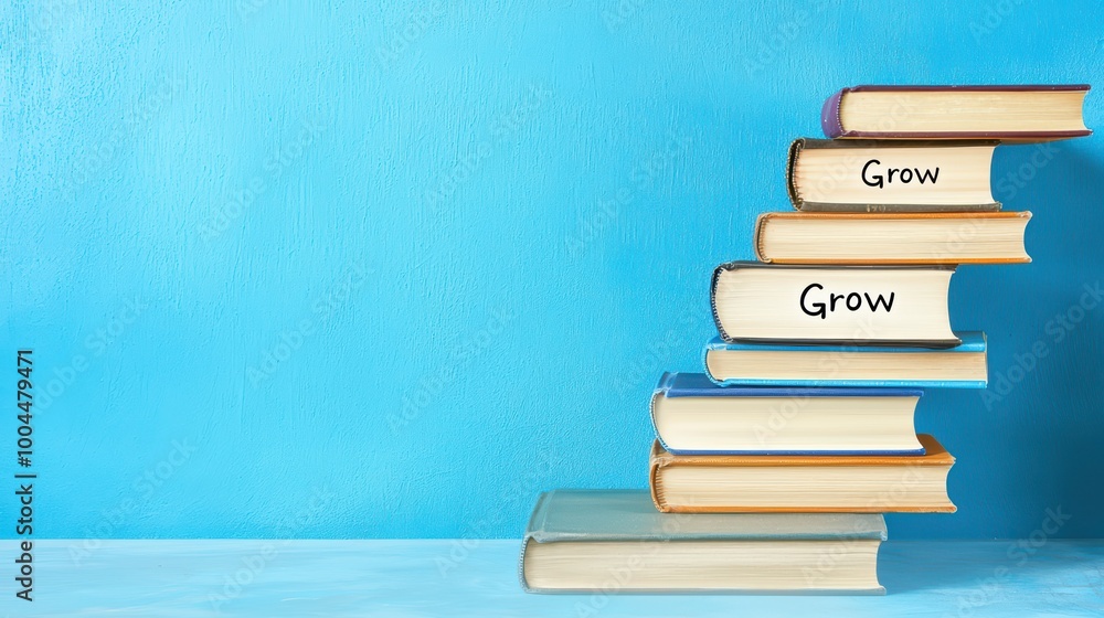 Stack of books with 'Grow' written on them against a blue background ...