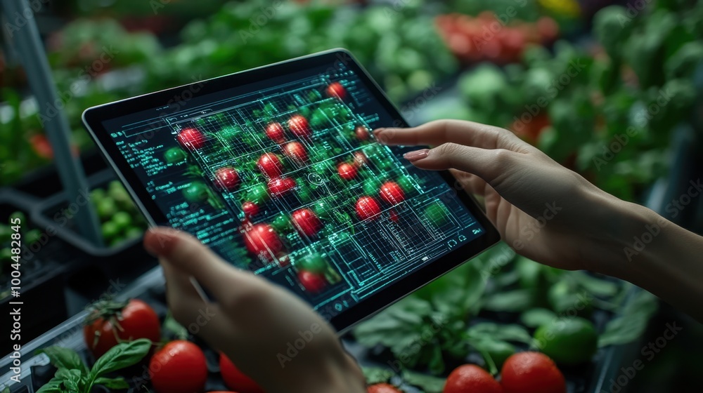 Conceptual image of a person analyzing nutritional data on a tablet ...
