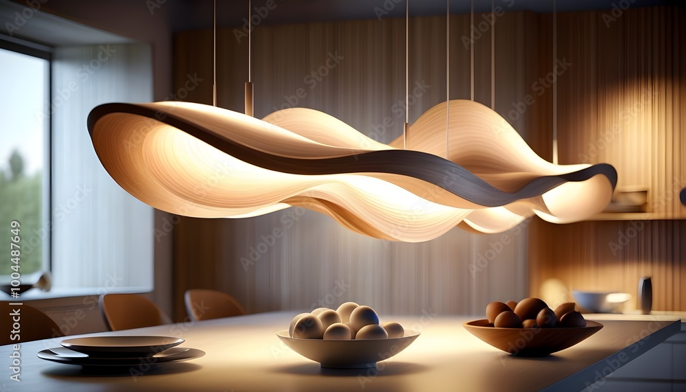 Elegantly designed organic-shaped lighting fixture radiating a soft ...