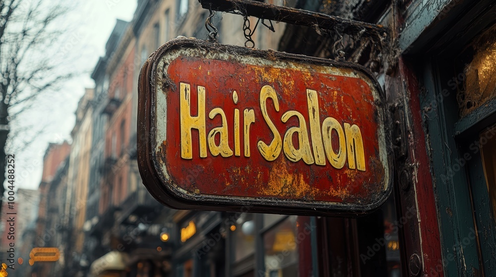 An old, rustic hair salon sign with weathered, peeling paint hangs on a ...