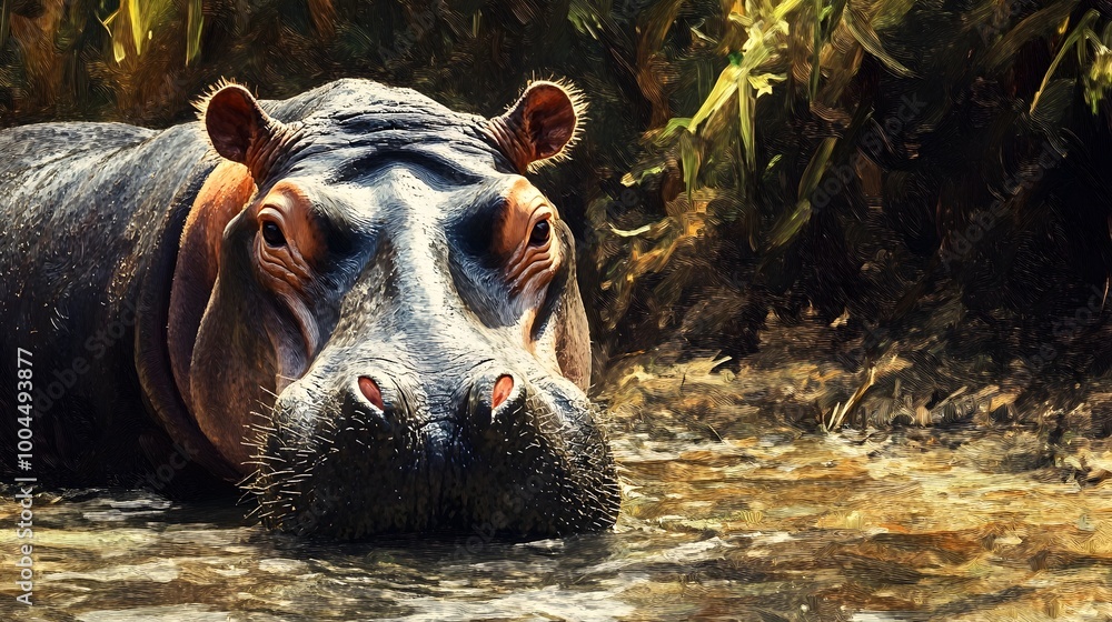 Curious young hippopotamus exploring the serene riverbank its alert and ...