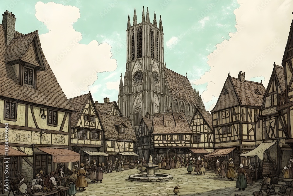 Charming Historic Town Square with Towering Gothic Cathedral and ...