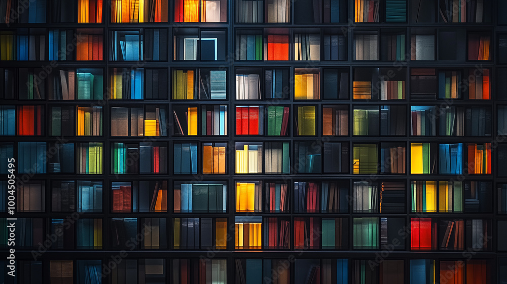 A shelf filled with colorful books of various shades and sizes ...