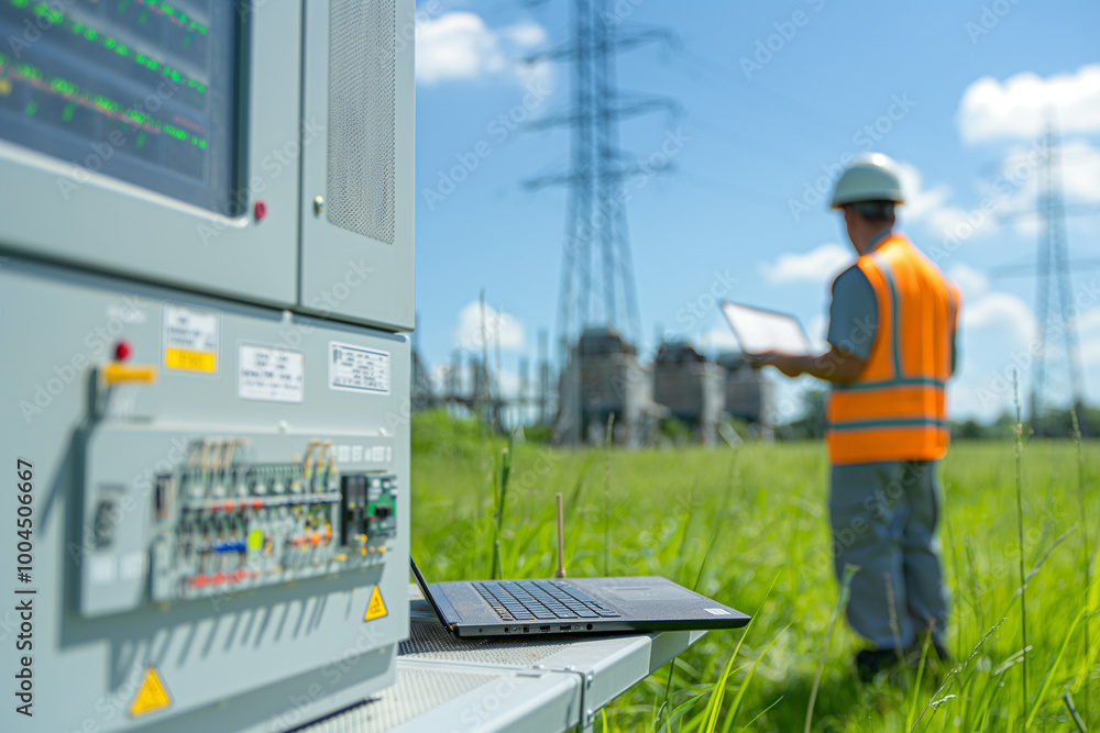 The electrician is using the laptop to collect data for an electrical ...