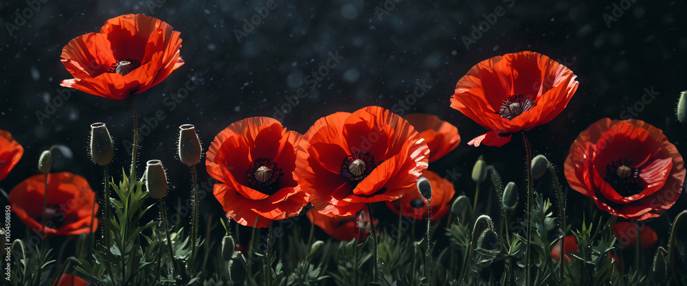 Red Poppy Field of dark red poppies fills the background, symbolizing ...