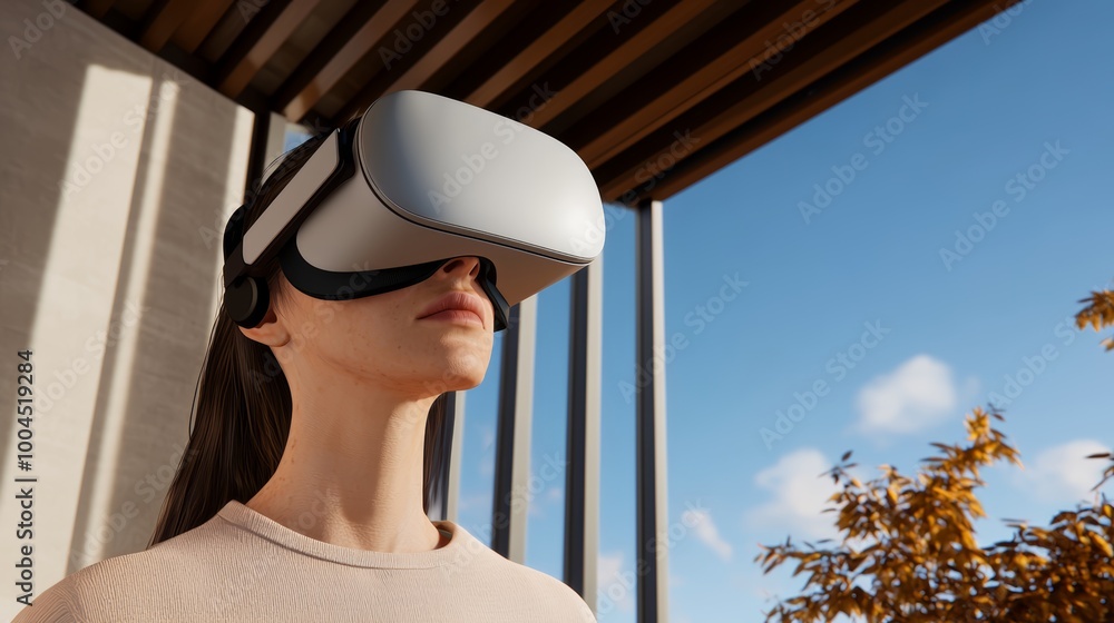 A potential homeowner explores a modern home design in VR, adjusting ...