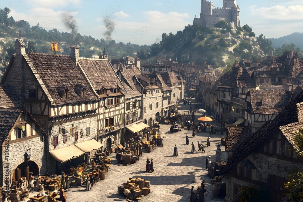 Picturesque medieval European town with stone walled buildings thatched ...