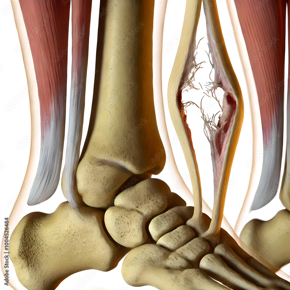 3D illustrating ruptured Achilles tendon, point of tear between the ...
